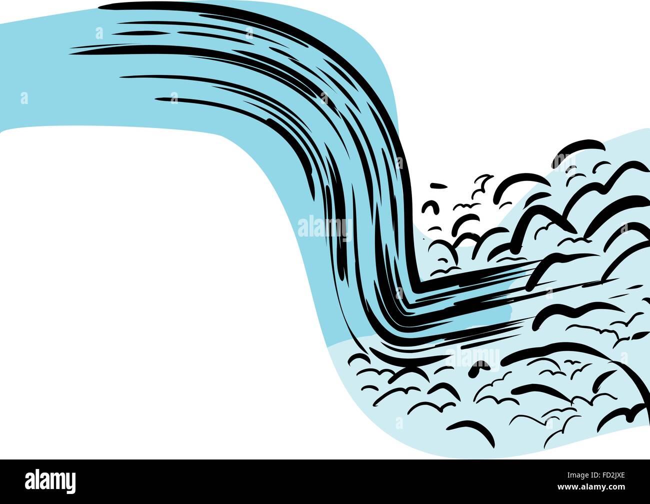 Hand drawn doodle of rushing waterfall with whitewater on isolated ...