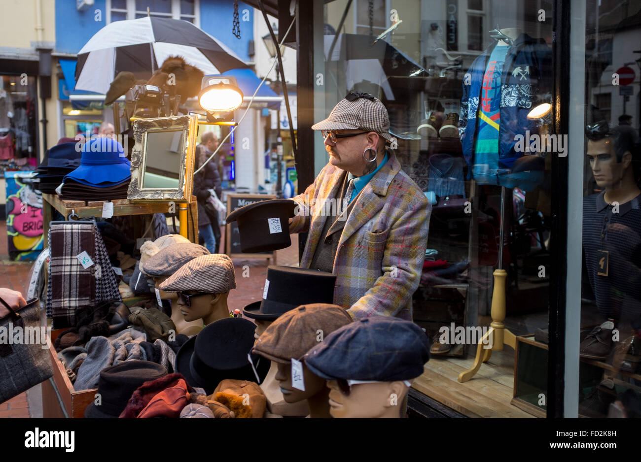 Well known hat stall and shop in Kensington gardens in North Laine area ...