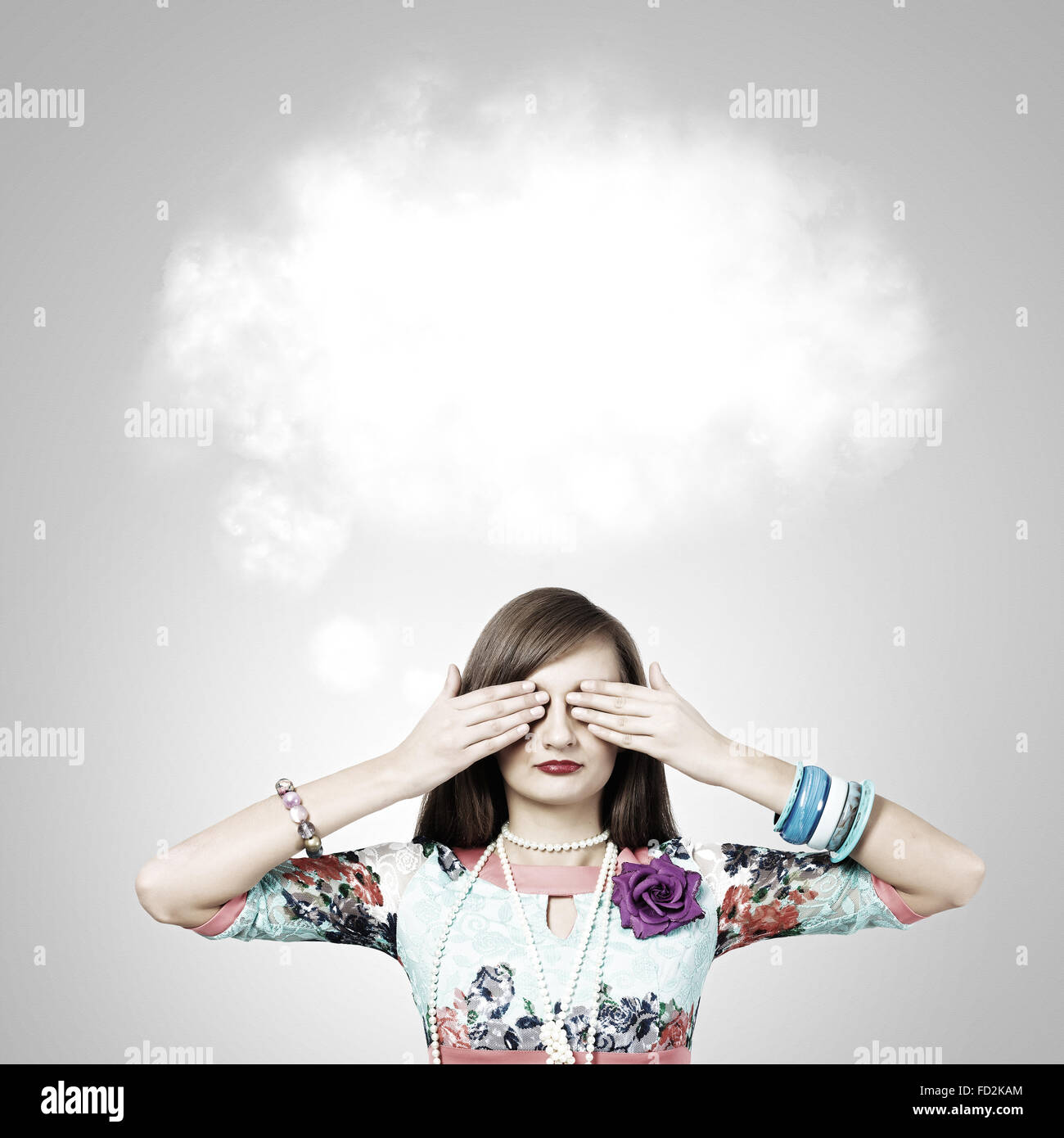 Young pretty woman hiding eyes behind hands Stock Photo - Alamy