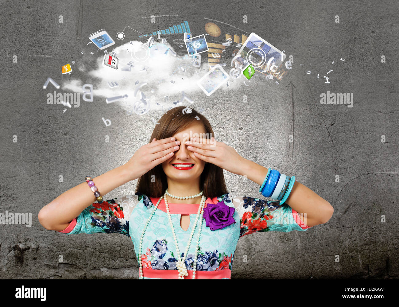 Young pretty woman hiding eyes behind hands Stock Photo - Alamy