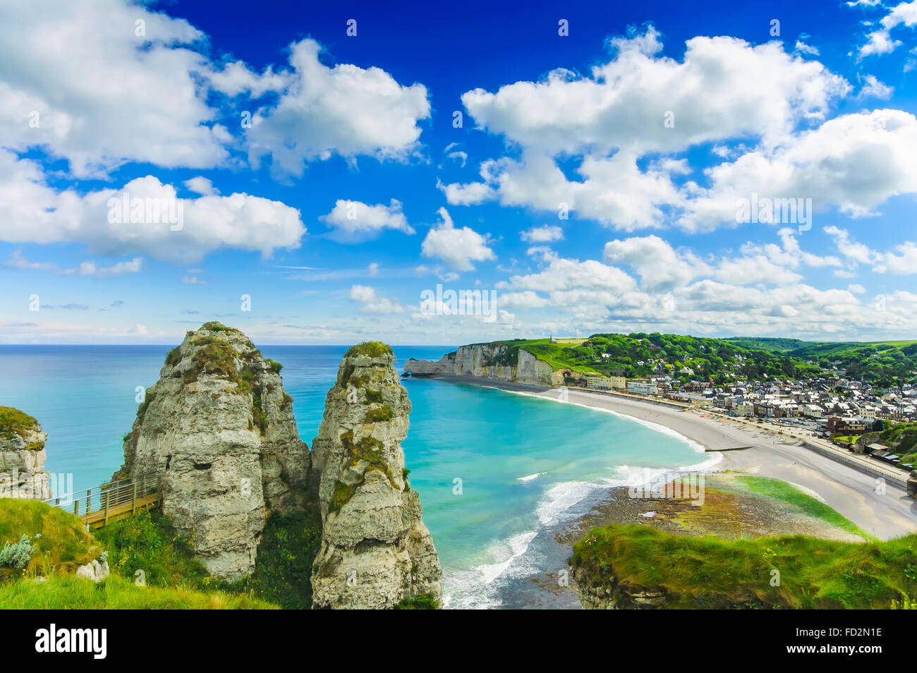 Etretat village and its bay beach, aerial view from cliff. Normandy ...