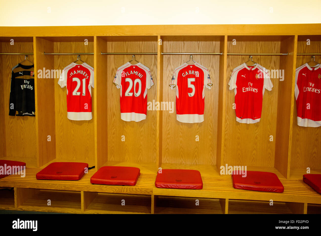Arsenal football shirts in the dressing room of the Emirates Stadium ...