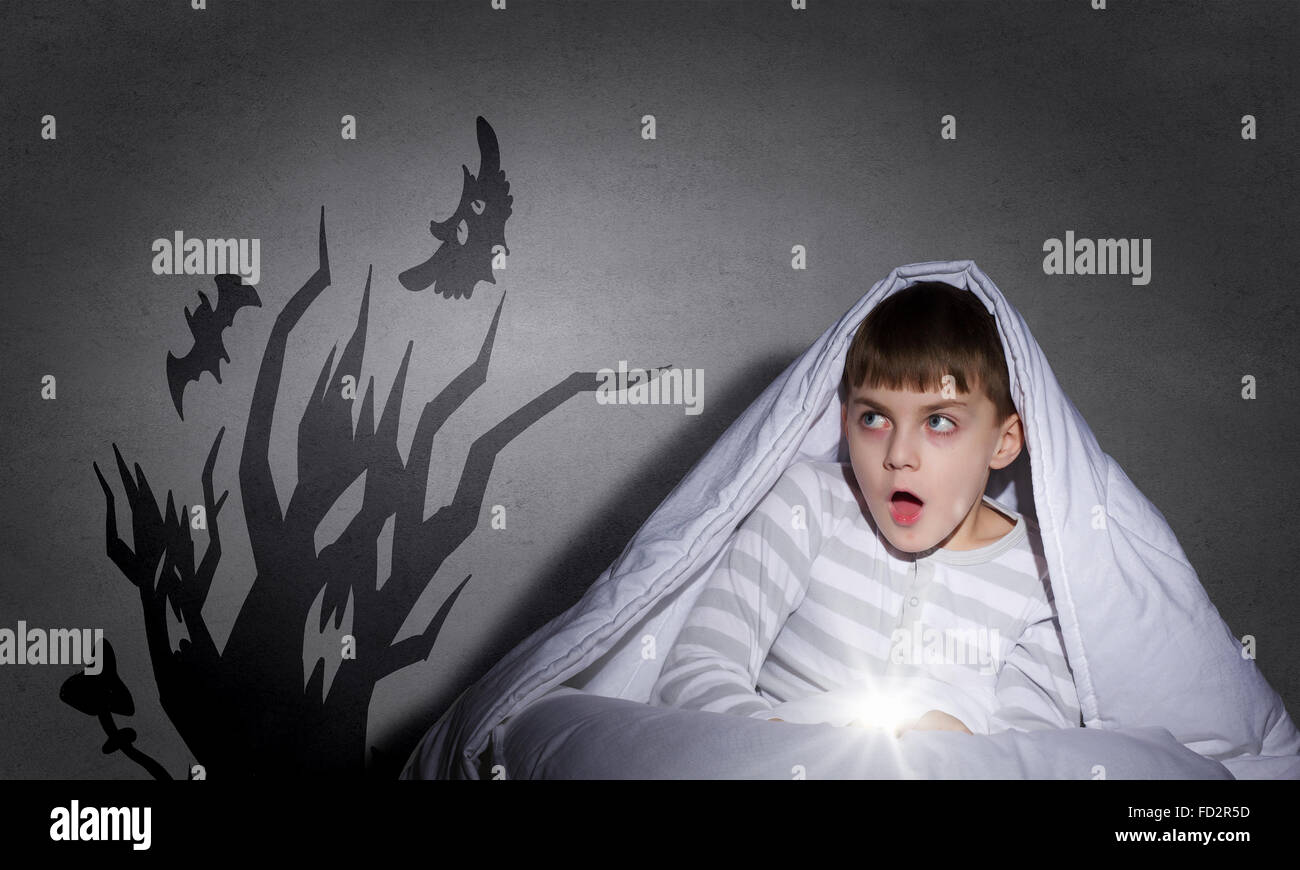 Little scared boy in bed under blanket with flashlight Stock Photo - Alamy