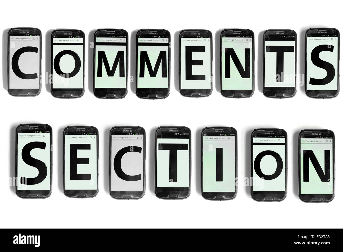 Comments Section spelled out on the screens of smartphones photographed ...