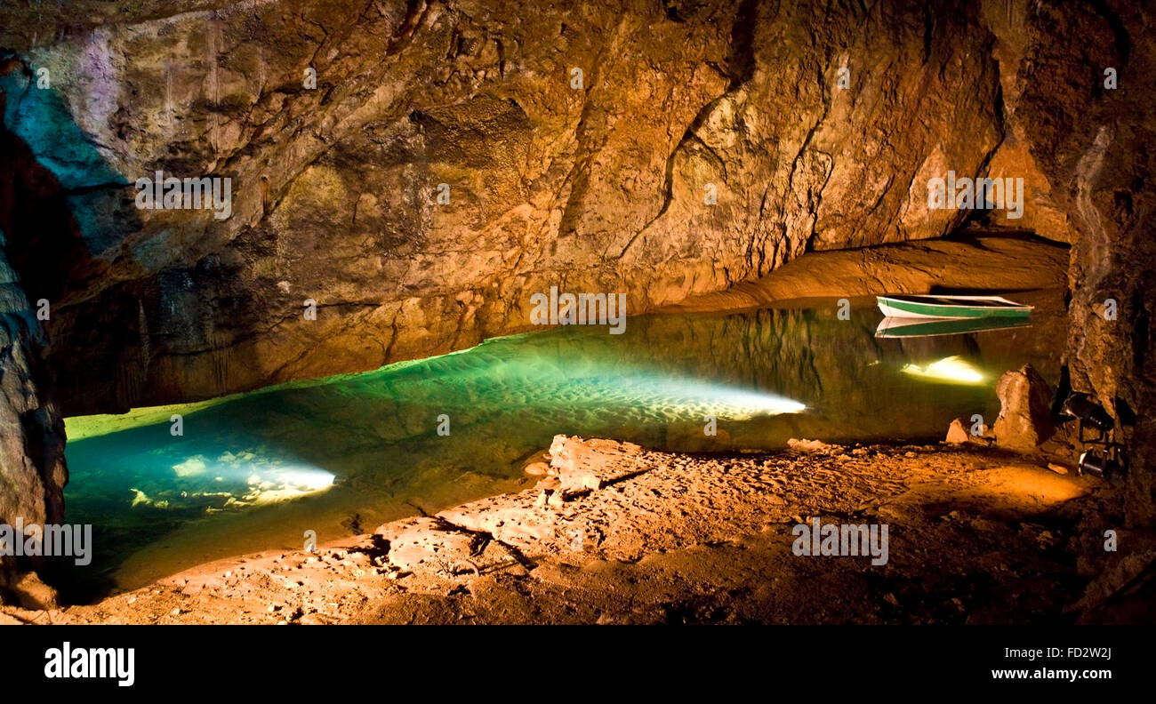 Underground cave interior with boat at Wookey Hole in Somerset Stock ...