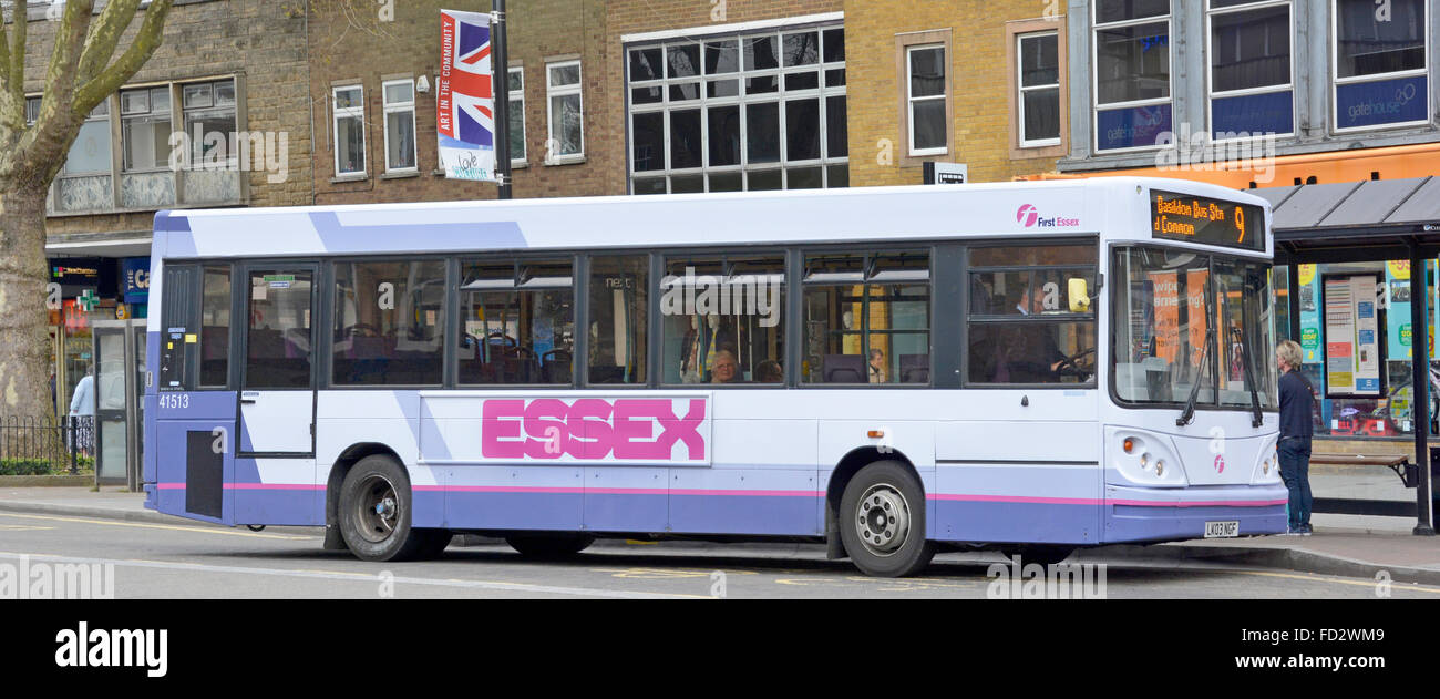 Single decker at bus stop in Brentwood Hight Street operated by "First ...