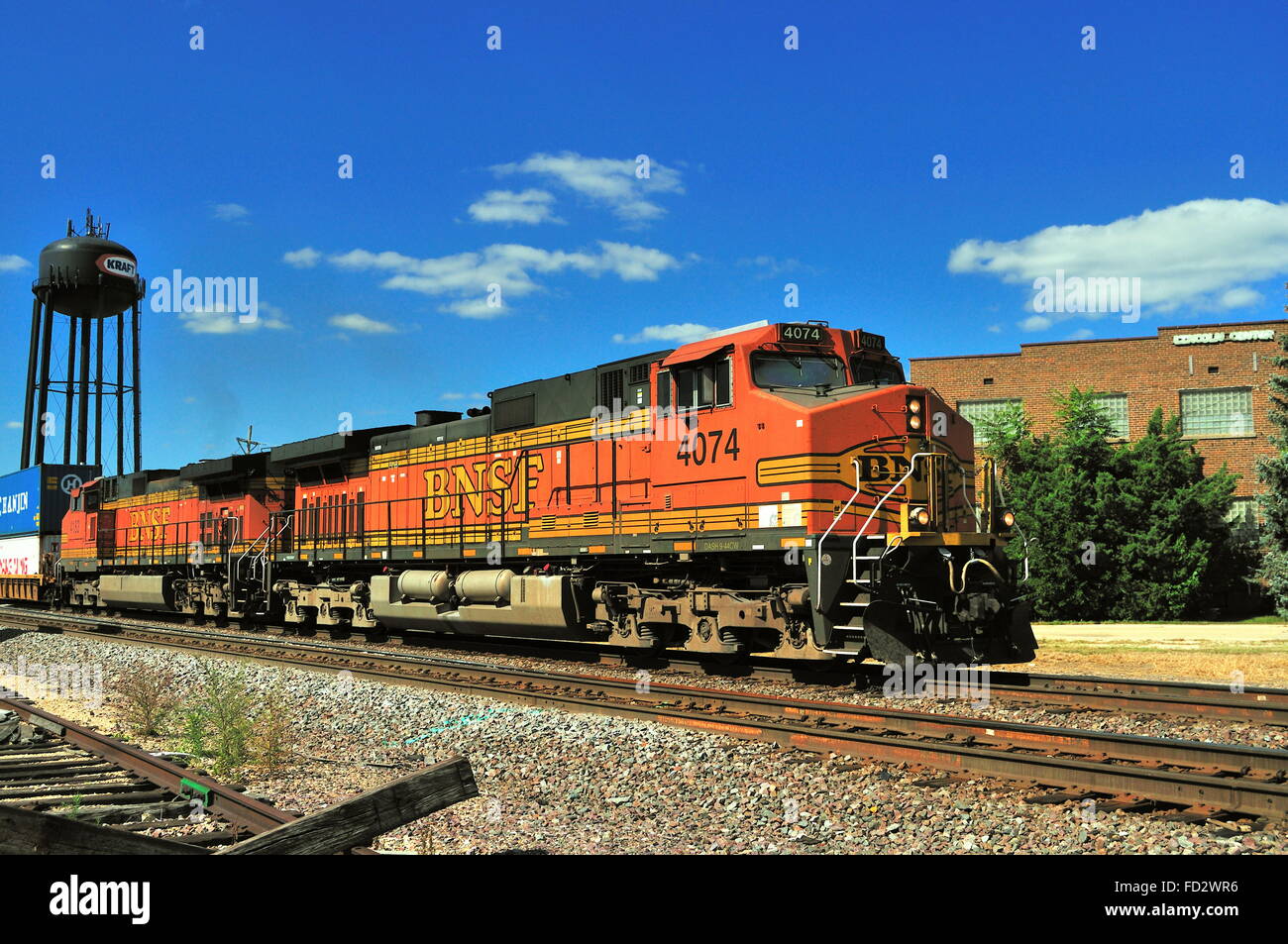 Rochelle, Illinois, USA. A Burlington Northern Santa Fe freight train ...