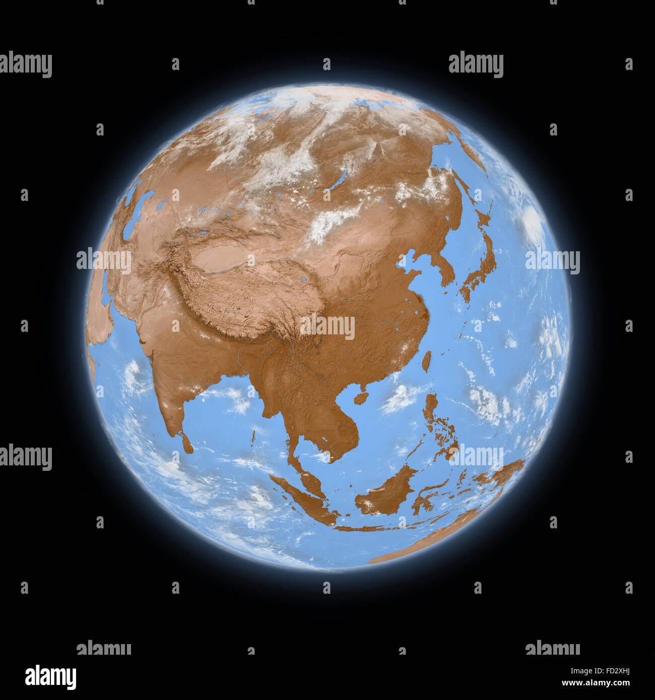 Southeast Asia on blue planet Earth isolated on black background ...