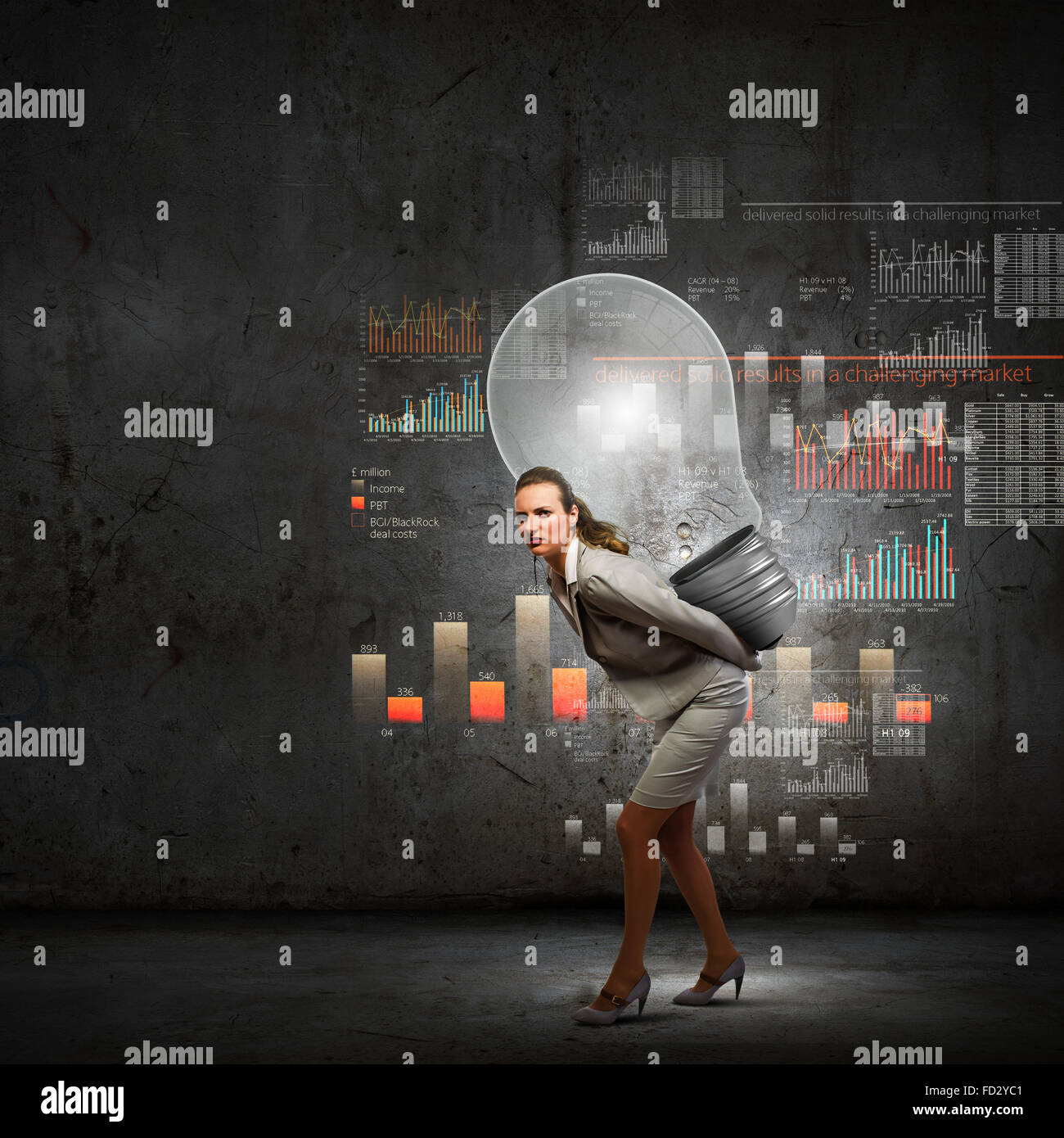 Young businesswoman carrying light bulb on back Stock Photo - Alamy