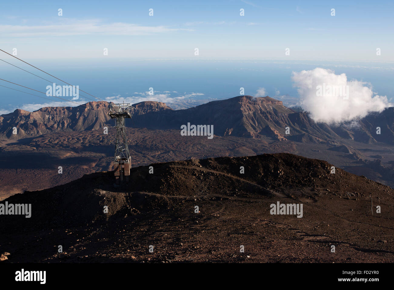 A cable car support tower on Mount Teide on Tenerife, Spain. The ...
