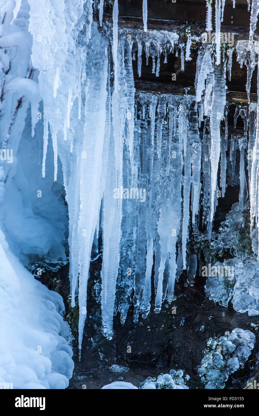 Frozen creek, frozen water, drops, ice in a stream, winter, Sauerland ...