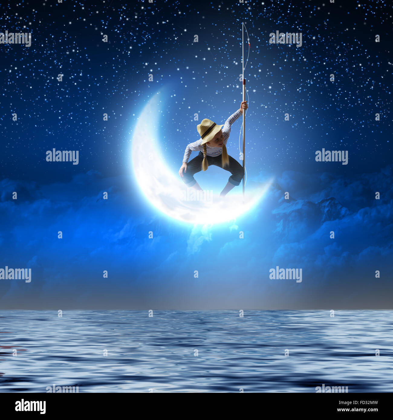 Cute girl standing on moon with fishing rod Stock Photo - Alamy