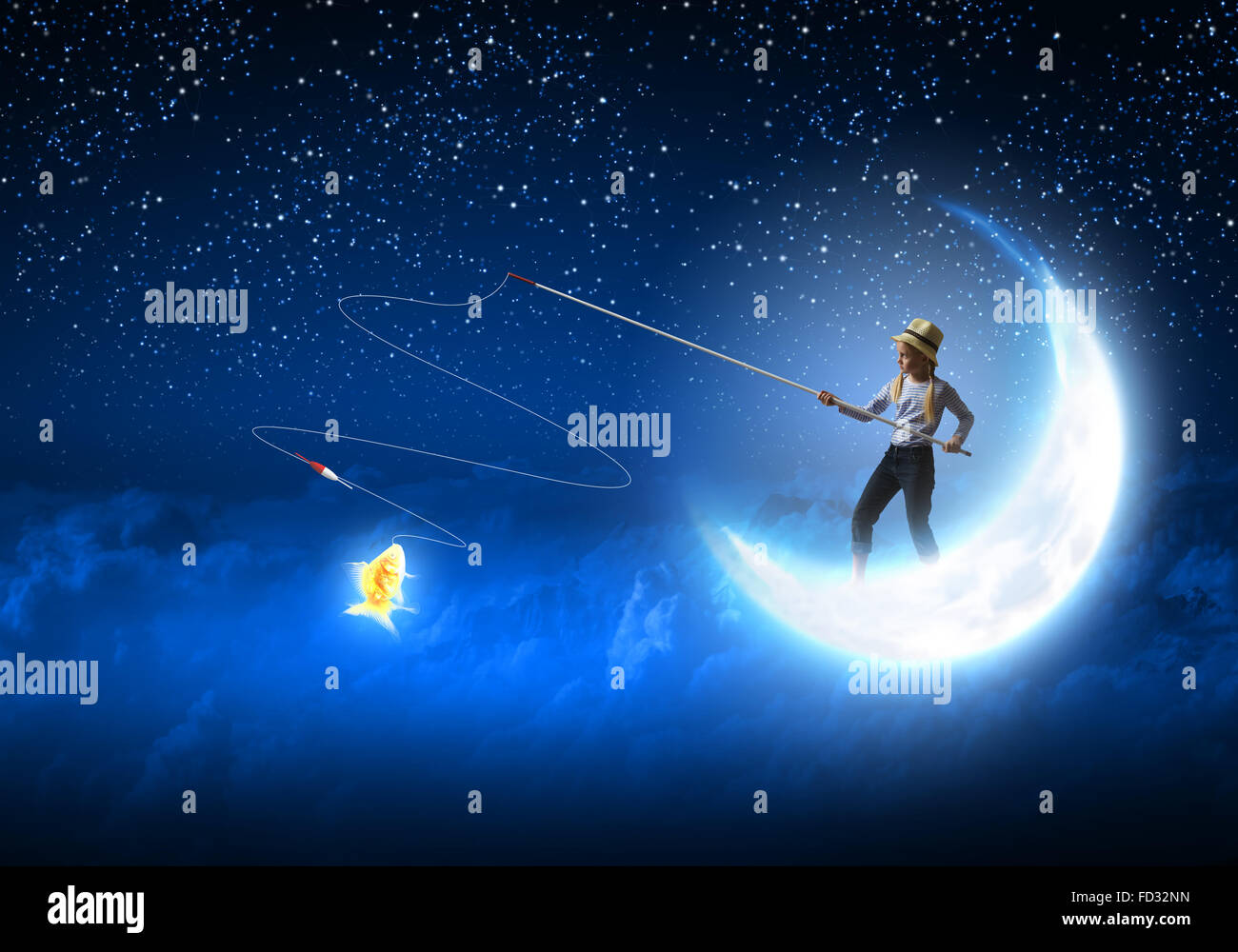 Cute girl standing on moon with fishing rod Stock Photo - Alamy