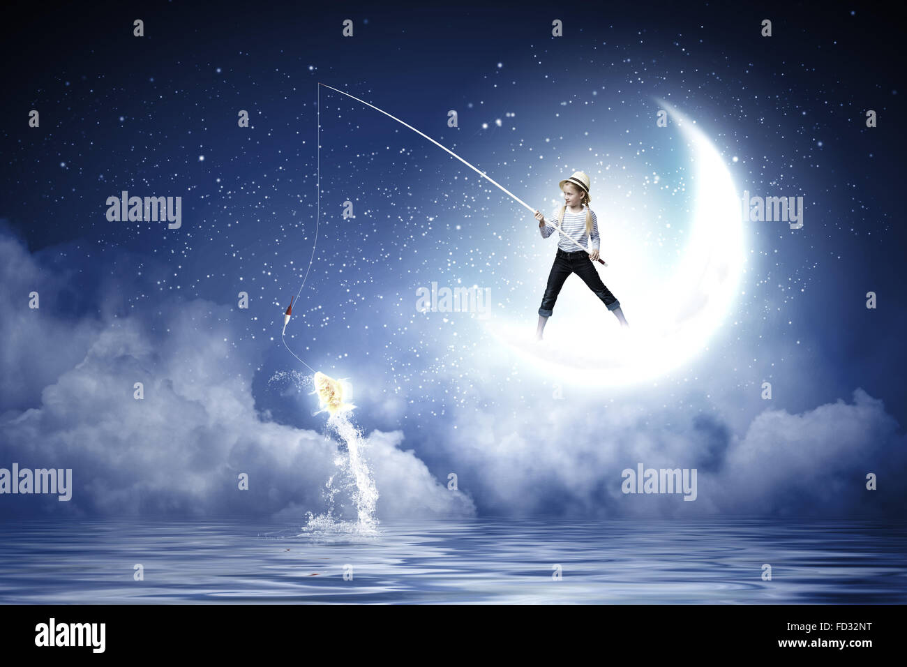 Cute girl standing on moon with fishing rod Stock Photo - Alamy