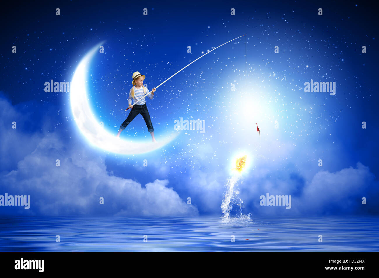 Cute girl standing on moon with fishing rod Stock Photo - Alamy
