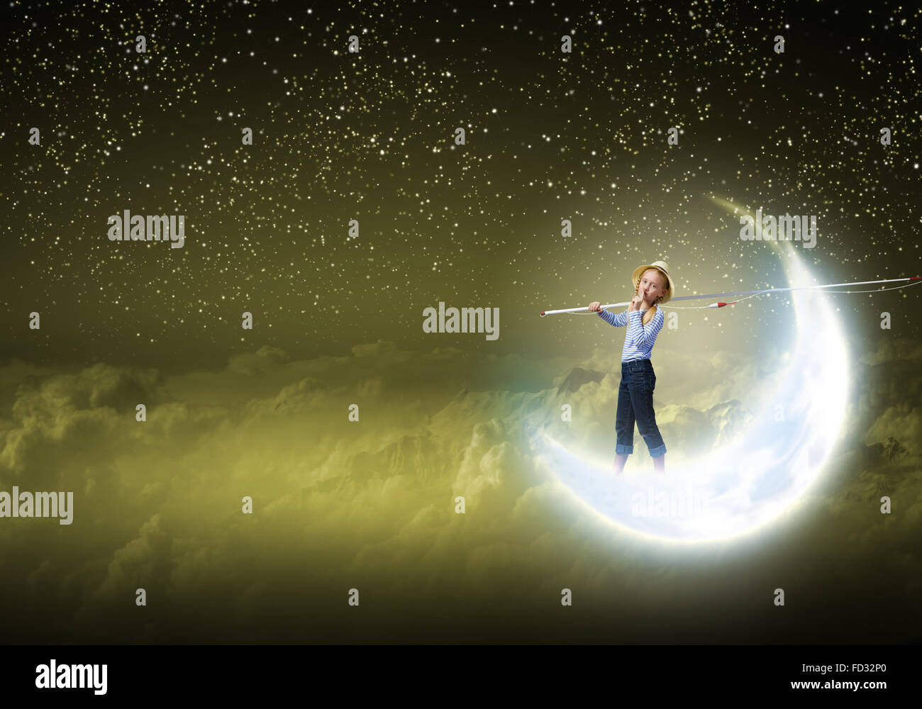 Cute girl standing on moon with fishing rod Stock Photo - Alamy