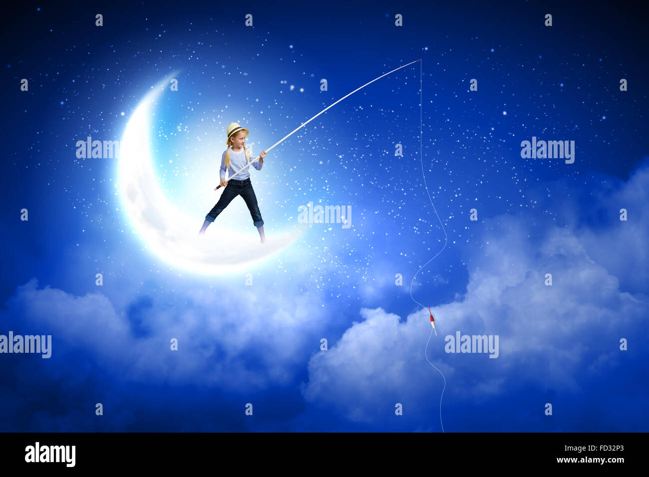 Cute girl standing on moon with fishing rod Stock Photo - Alamy