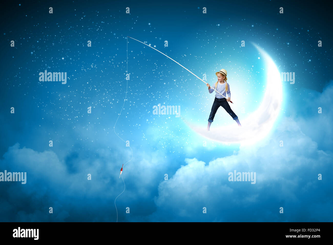 Cute girl standing on moon with fishing rod Stock Photo - Alamy