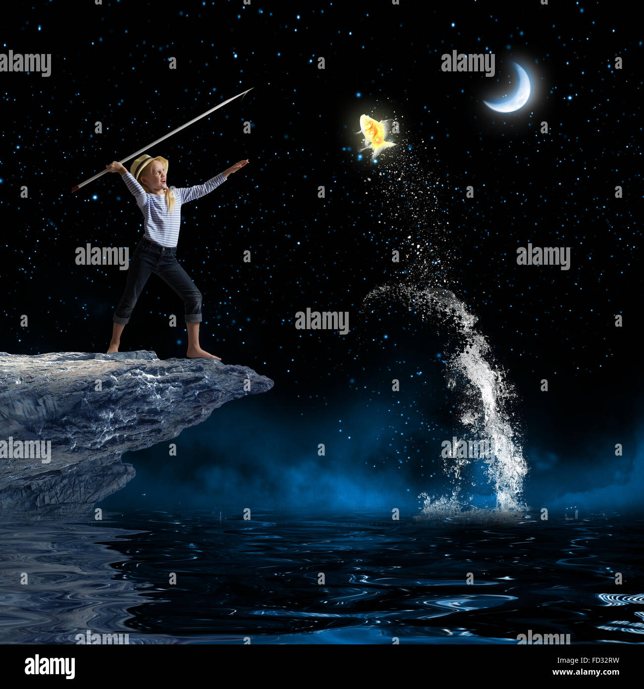 Cute girl fisherman throwing harpoon to catch gold fish Stock Photo - Alamy