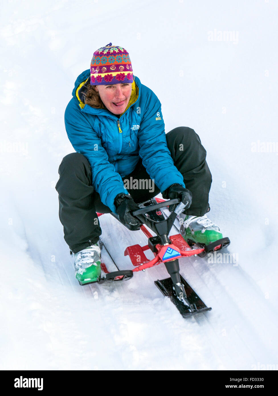 Woman sledding at remote Mount Carlyle Lodge; Selkirk Mountains ...