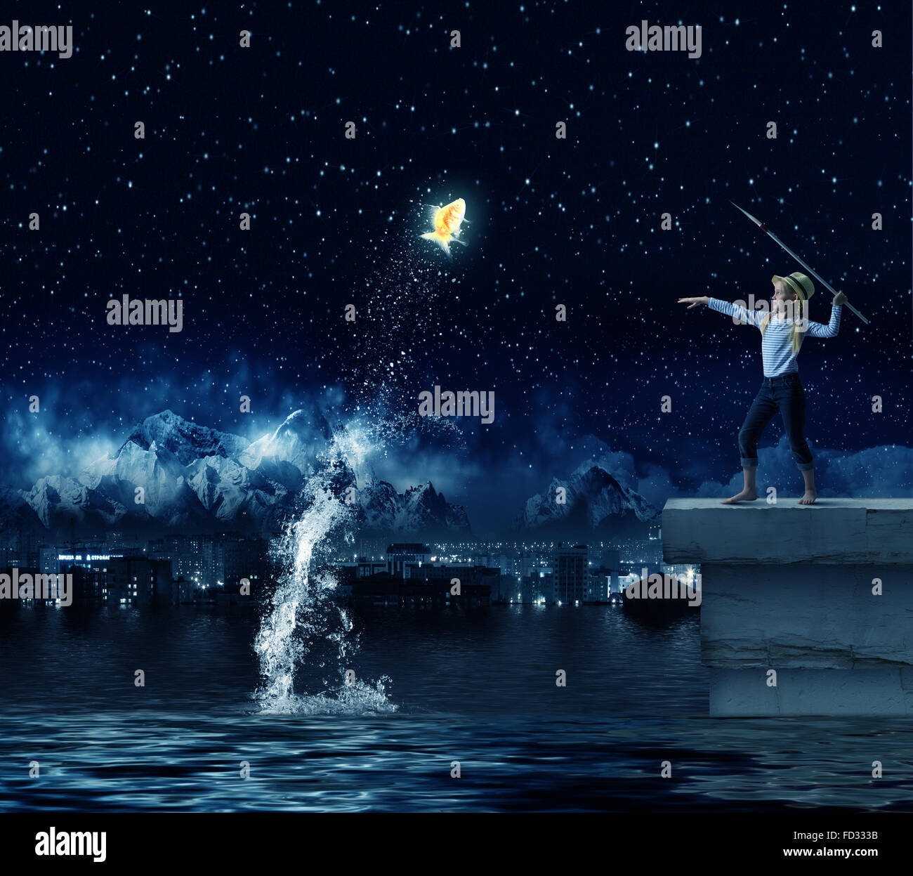 Cute girl fisherman throwing harpoon to catch gold fish Stock Photo - Alamy