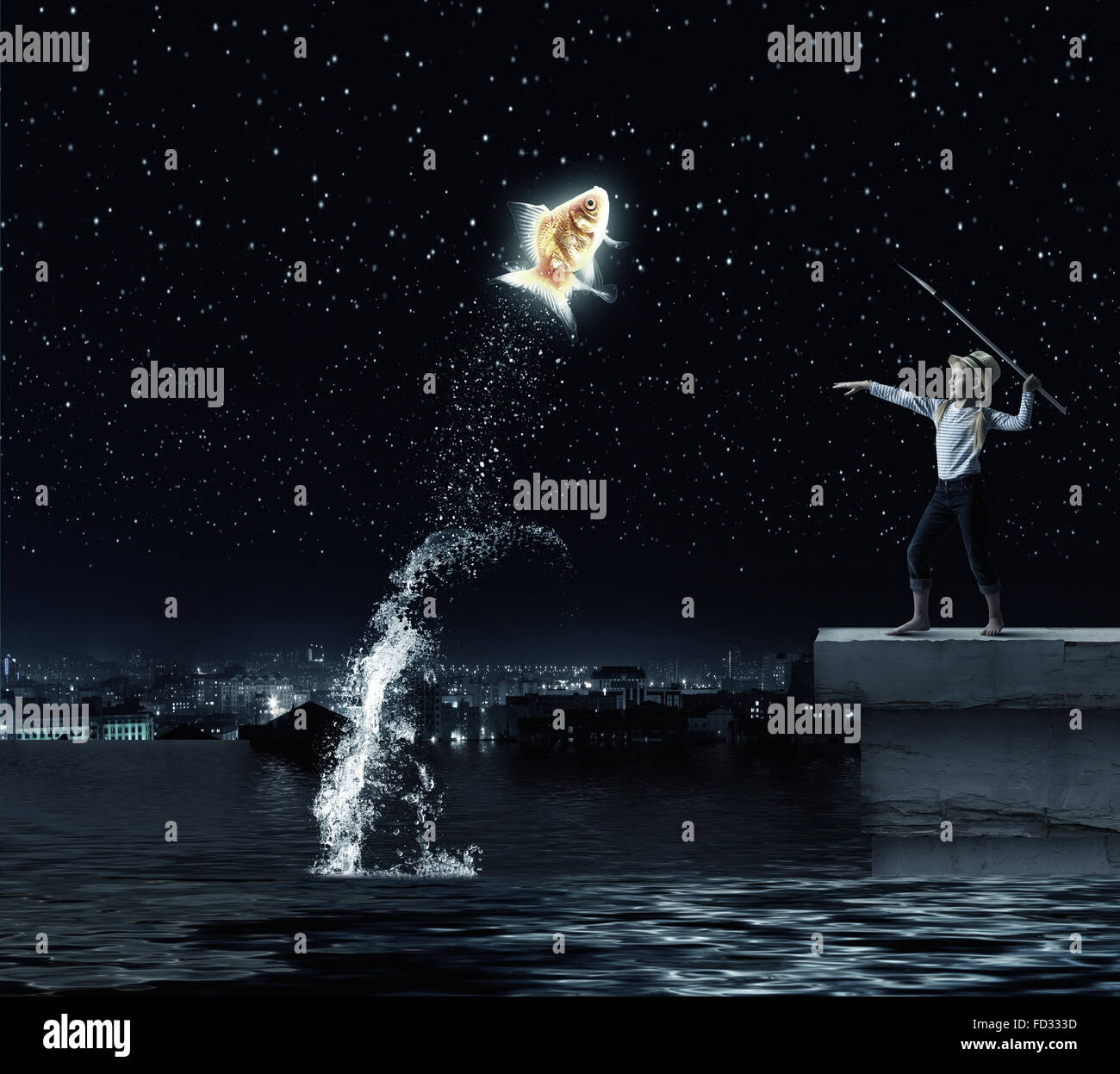 Cute girl fisherman throwing harpoon to catch gold fish Stock Photo - Alamy