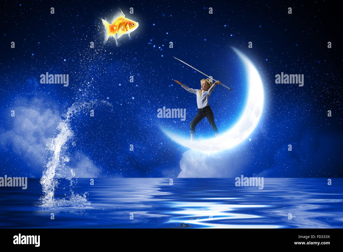 Cute girl fisherman throwing harpoon to catch gold fish Stock Photo - Alamy