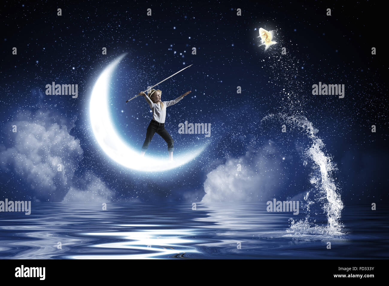 Cute girl fisherman throwing harpoon to catch gold fish Stock Photo - Alamy