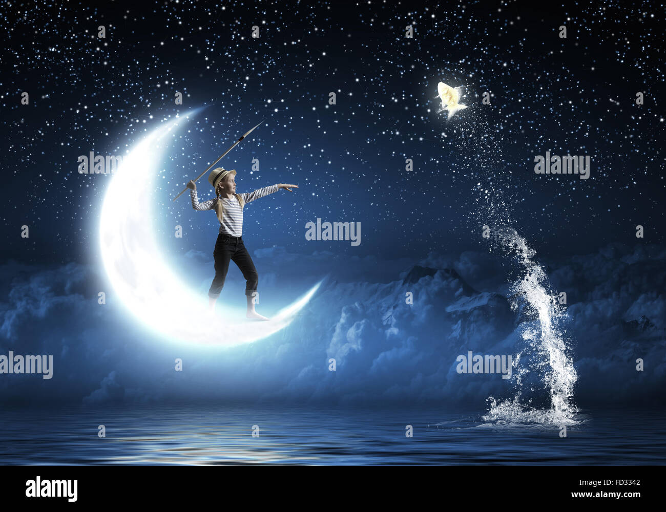 Cute girl fisherman throwing harpoon to catch gold fish Stock Photo - Alamy