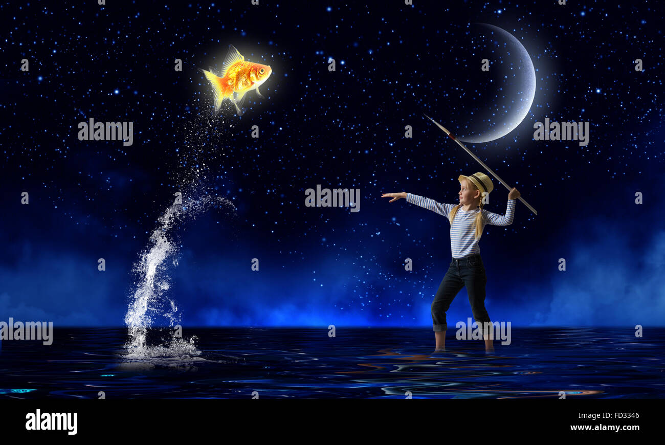 Cute girl fisherman throwing harpoon to catch gold fish Stock Photo - Alamy