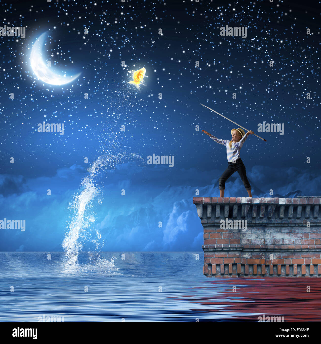 Cute girl fisherman throwing harpoon to catch gold fish Stock Photo - Alamy