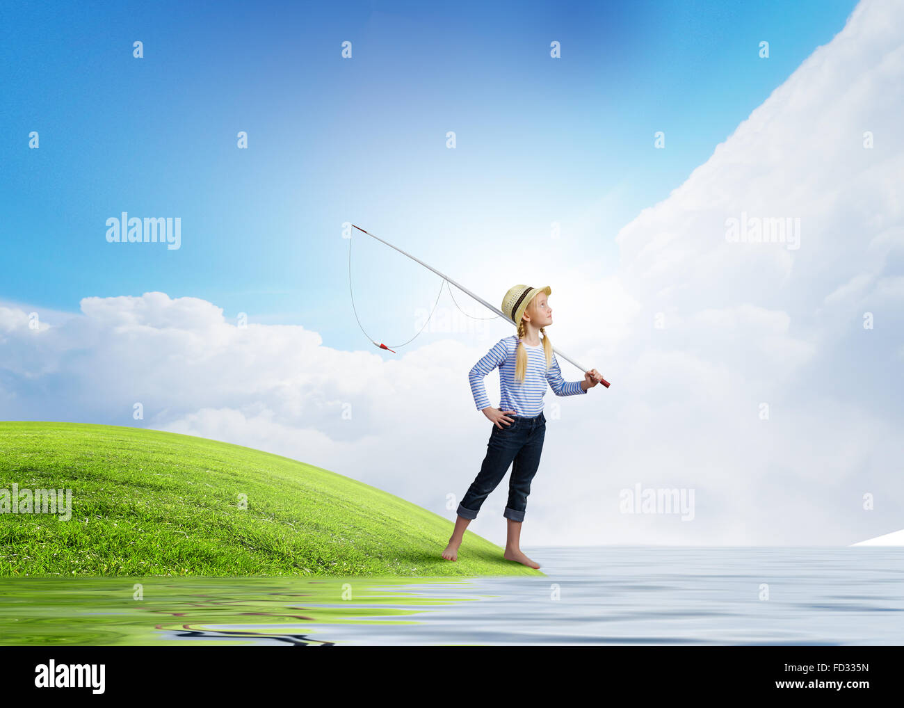 Cute girl with fishing rod on shoulder Stock Photo - Alamy