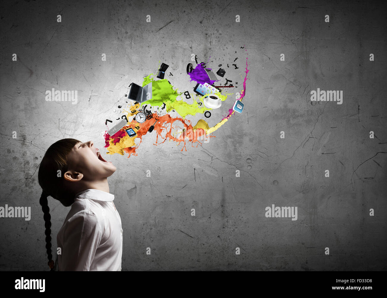 Side view of cute screaming girl and colorful splashes Stock Photo - Alamy