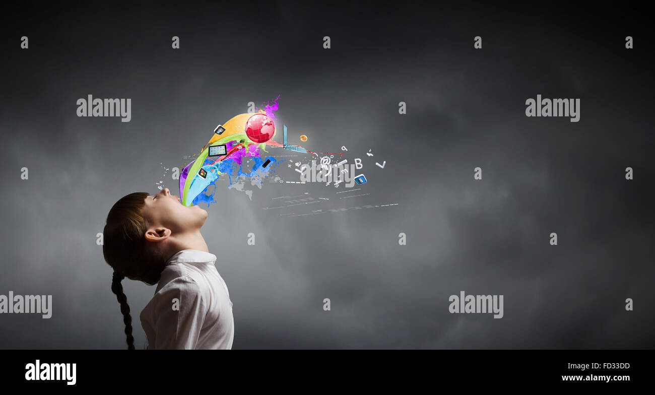 Side view of cute screaming girl and colorful splashes Stock Photo - Alamy