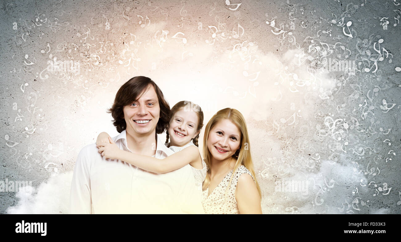 Happy family of mother father and daughter sitting on cloud Stock Photo ...