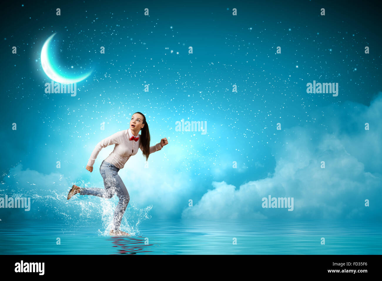 Young scared woman running at night under moon light Stock Photo - Alamy