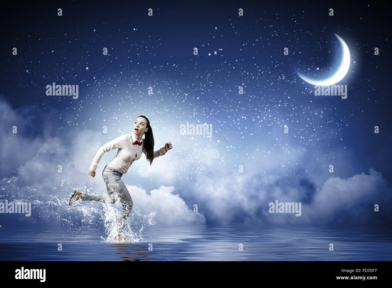 Young scared woman running at night under moon light Stock Photo - Alamy
