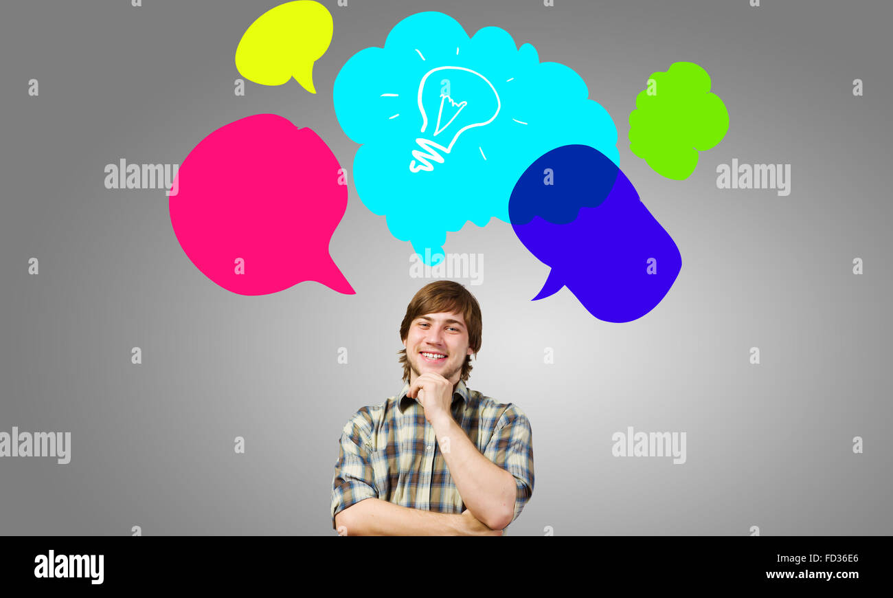 Young man and colorful thoughts above her head Stock Photo - Alamy