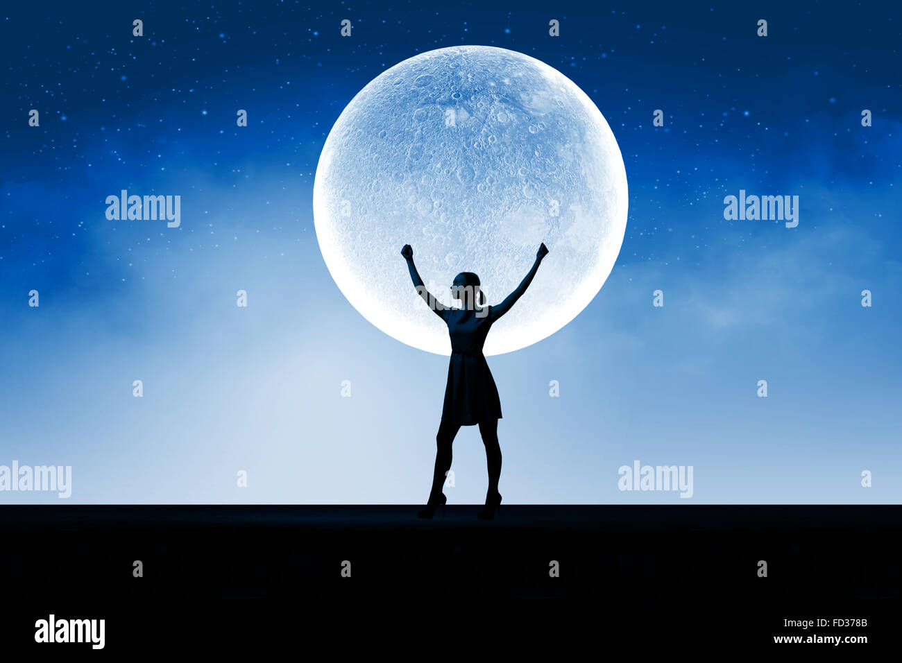 Silhouette of woman against full moon with hands up Stock Photo - Alamy