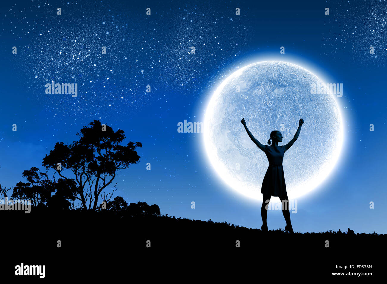 Silhouette of woman against full moon with hands up Stock Photo - Alamy