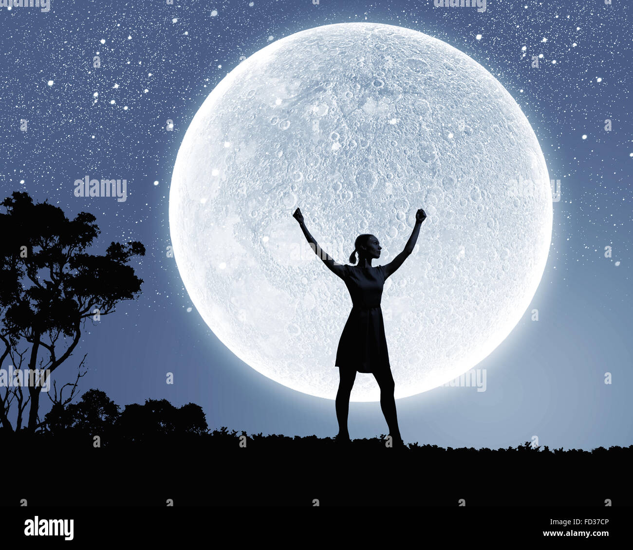 Silhouette of woman against full moon with hands up Stock Photo - Alamy