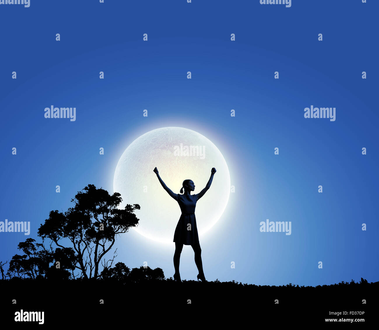 Silhouette of woman against full moon with hands up Stock Photo - Alamy