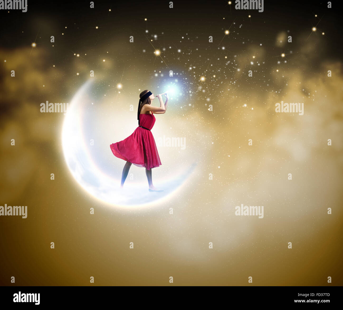 Young woman in red dress standing on moon and playing fife Stock Photo ...