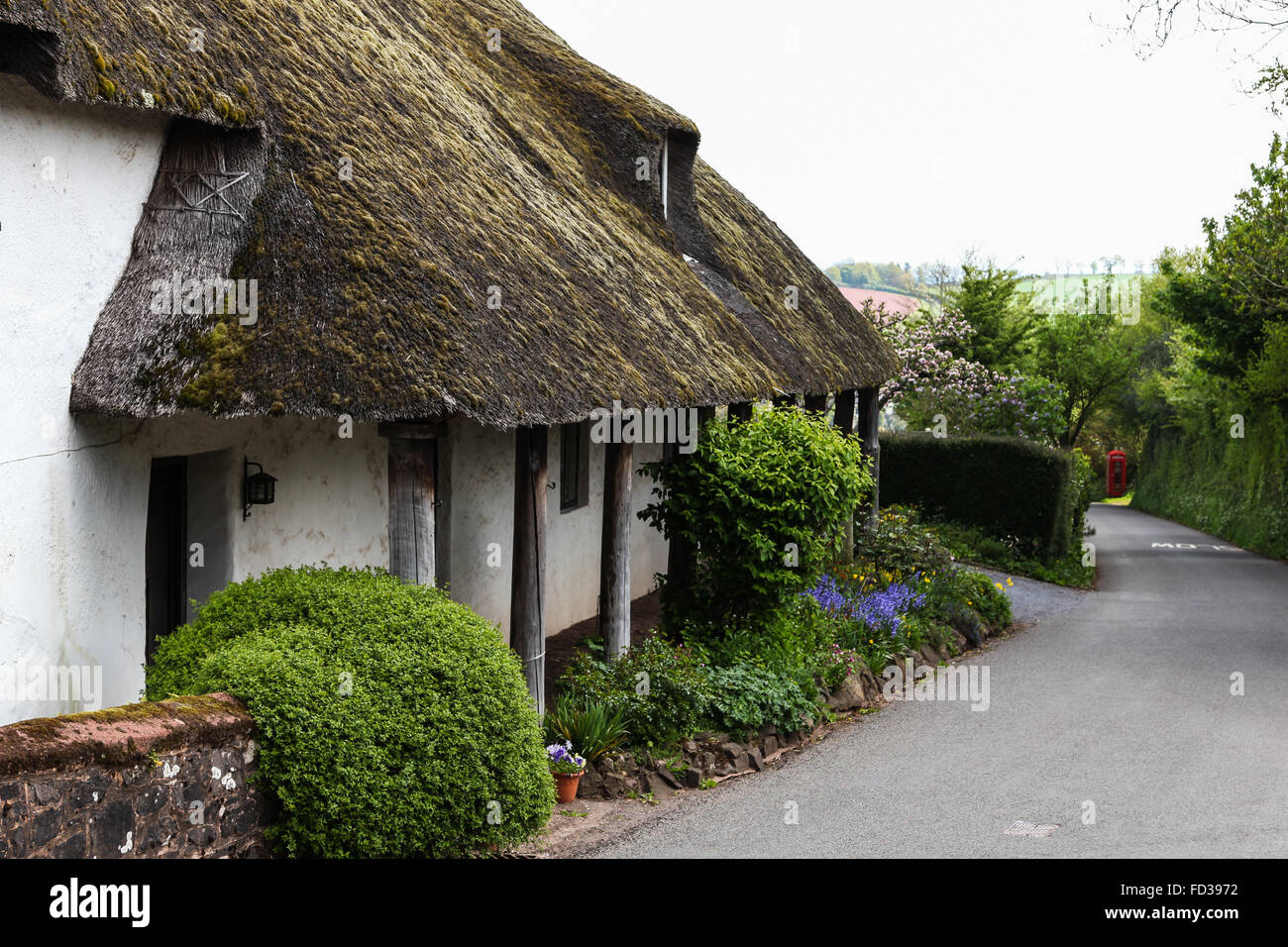 Dunchideock, Devon, UK, Traditional thatched cottage red phone box ...