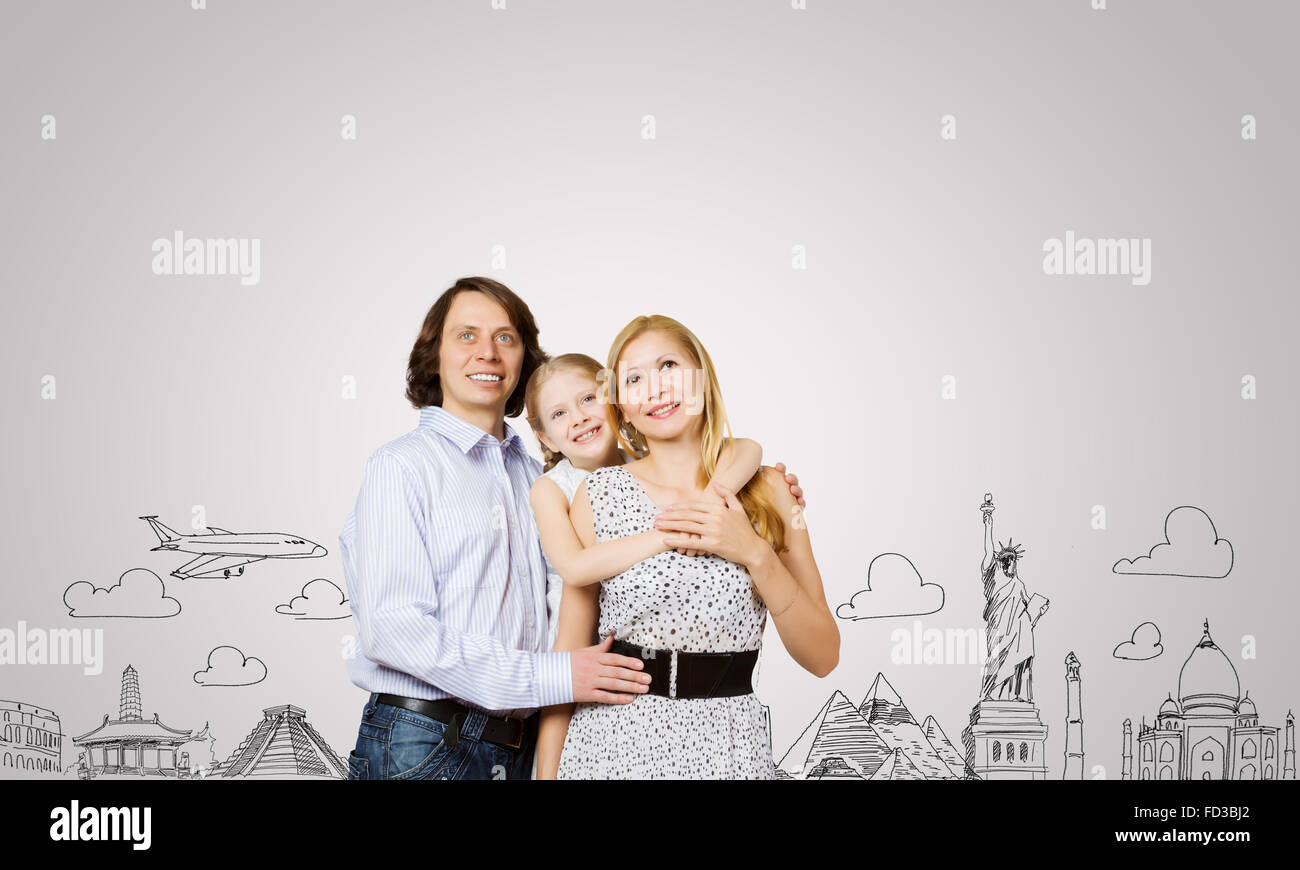 Happy family of three and sketches at background Stock Photo - Alamy