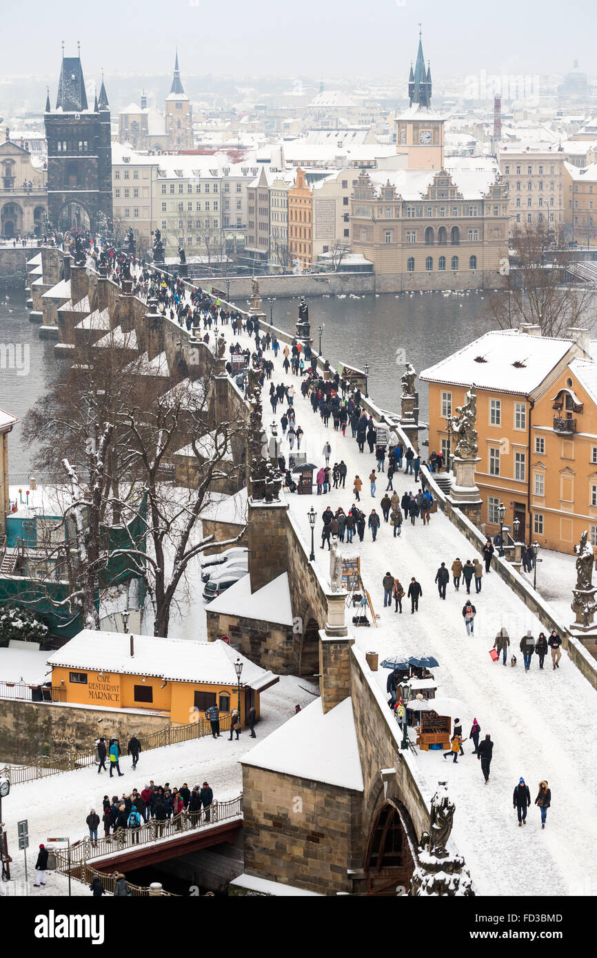 Amazing view of Charles bridge and panorama city Prague in winter ...