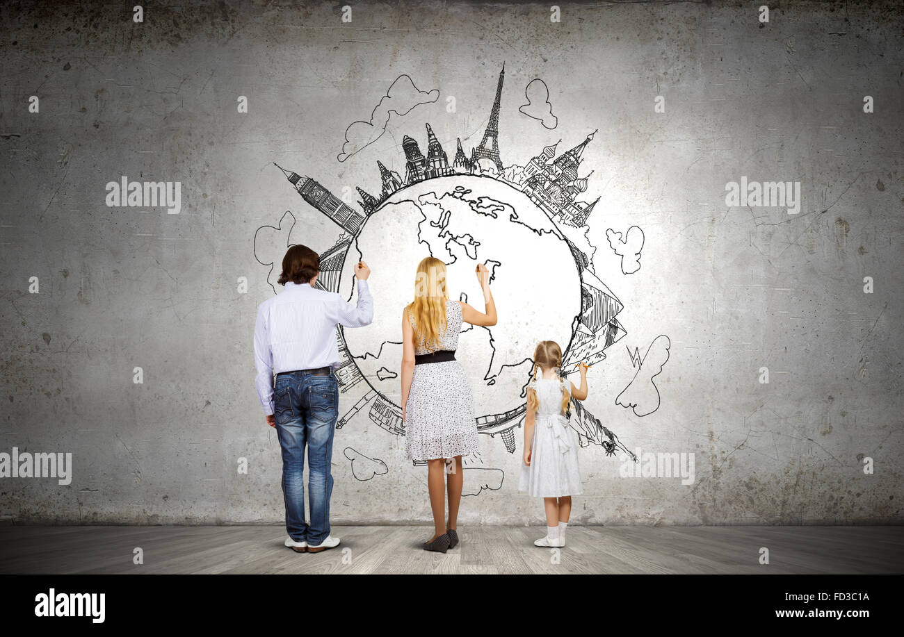 Happy family of three and sketches at background Stock Photo - Alamy