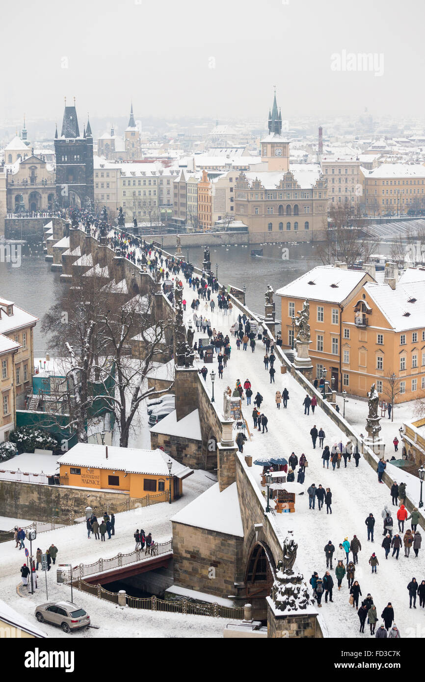 Amazing view of Charles bridge and panorama city Prague in winter ...