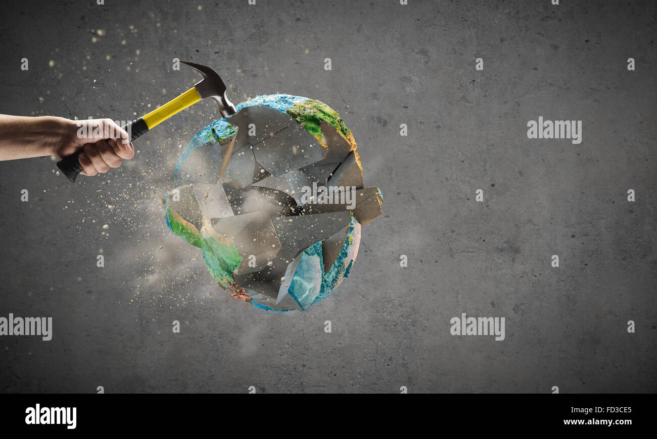 Close up of hammer in human hand hitting Earth planet. Elements of this ...