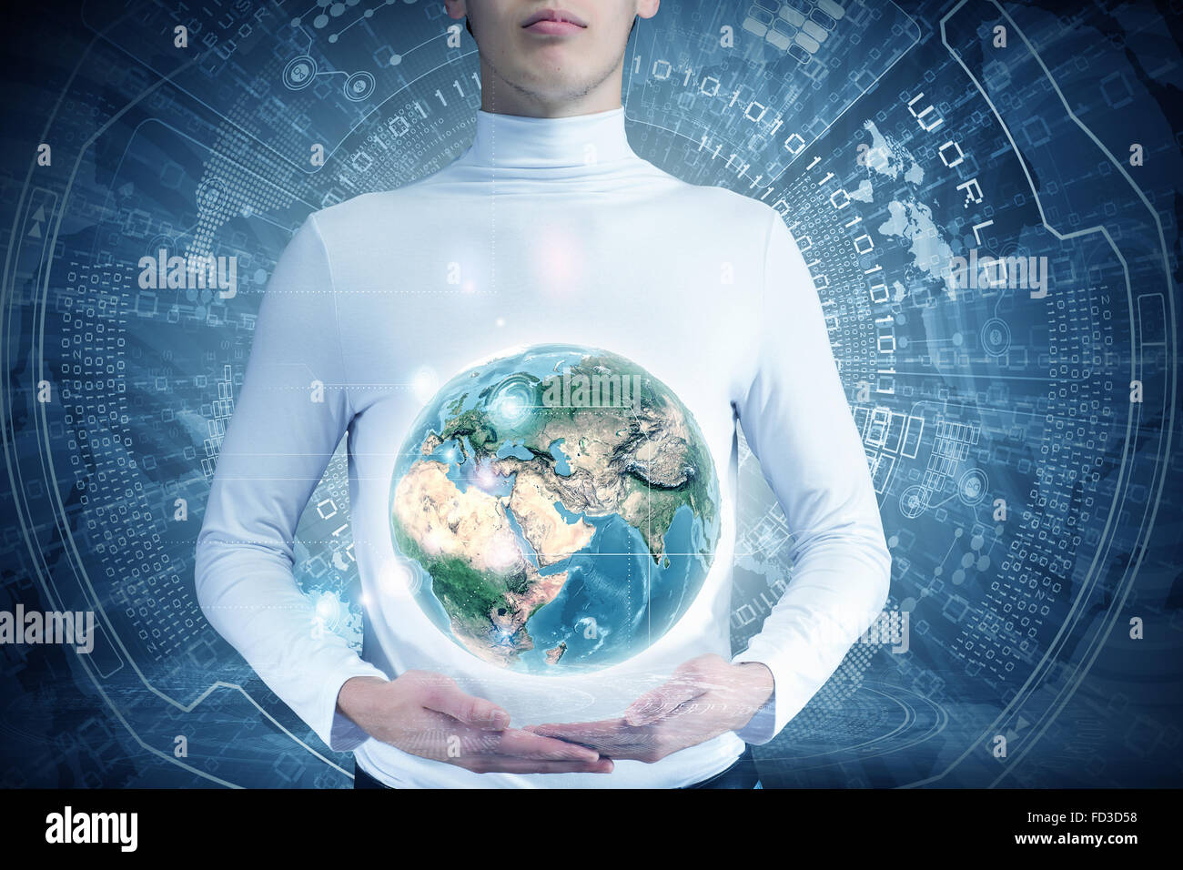 Young man holding digital Earth planet in hands. Elements of this image ...